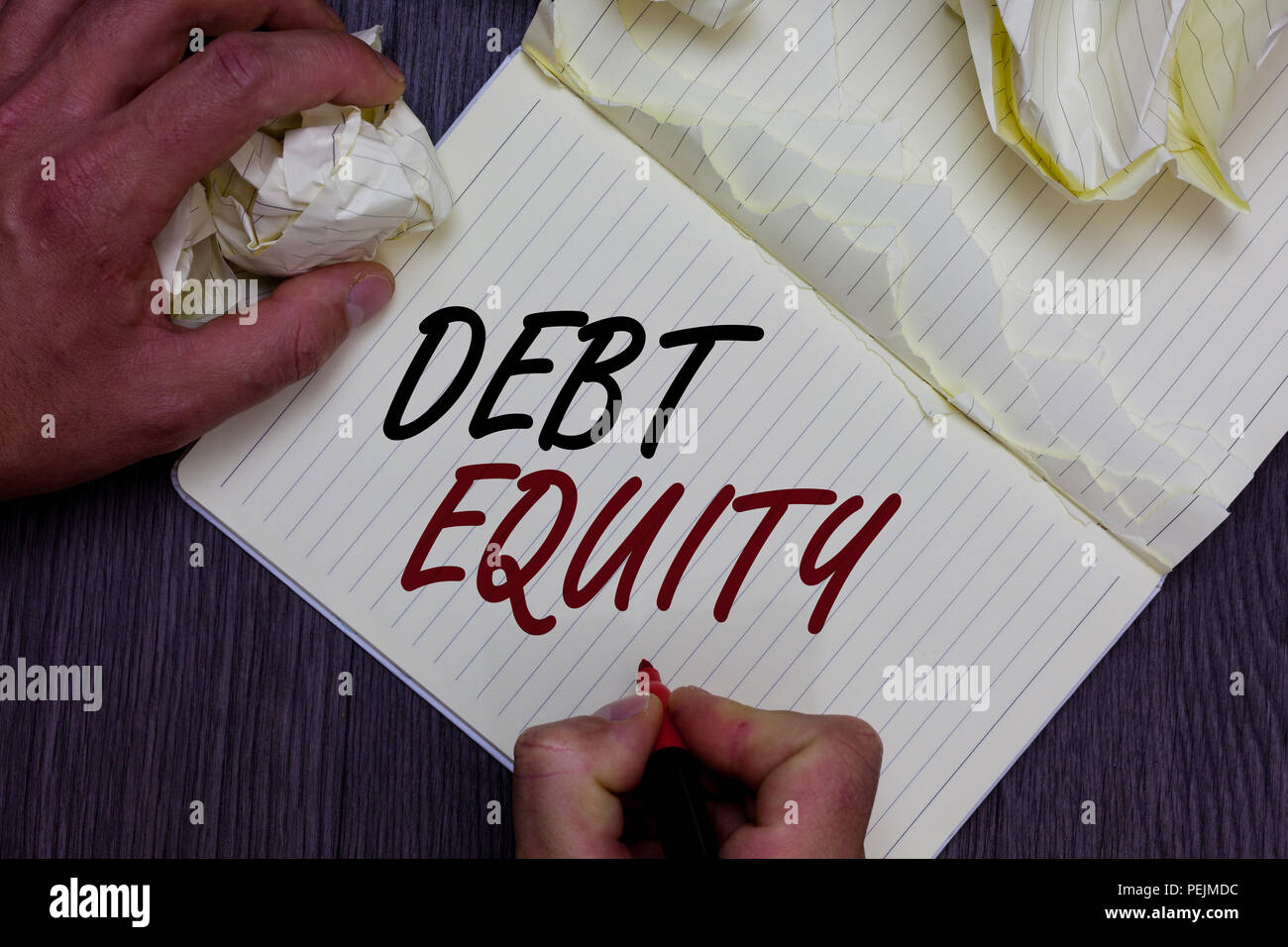 Word writing text Debt Equity. Business concept for dividing companys ...