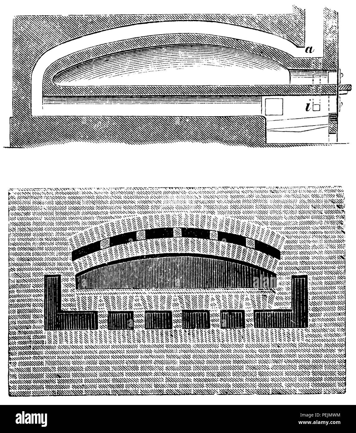 Above: Longitudinal section of a baking oven to be heated from the ...