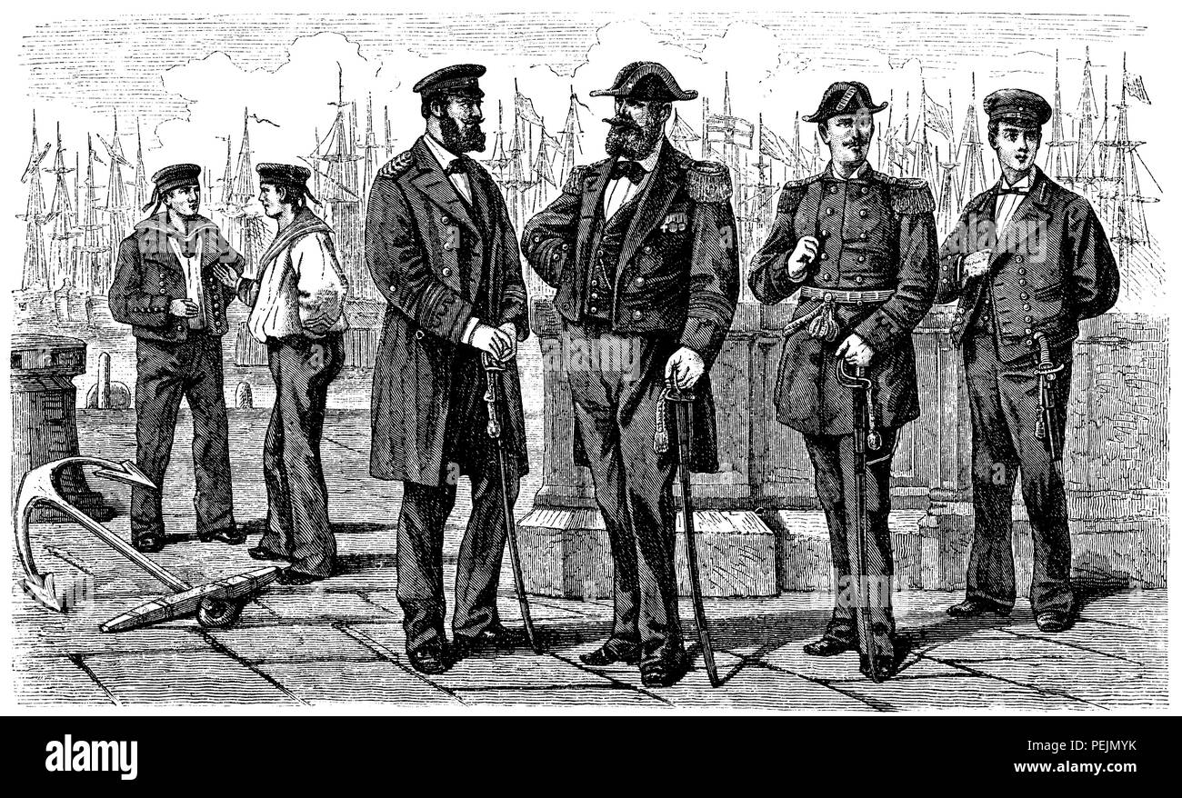 Uniforms of the German Navy. From the left: sailors, Lieutenant ...