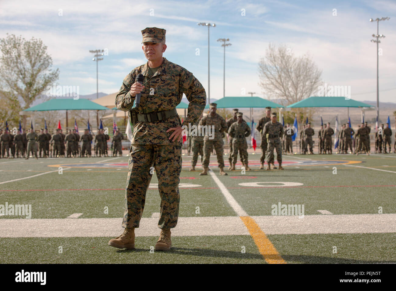 Sgt. Maj. Avery L. Crespin, oncoming battalion sergeant major, speaks ...
