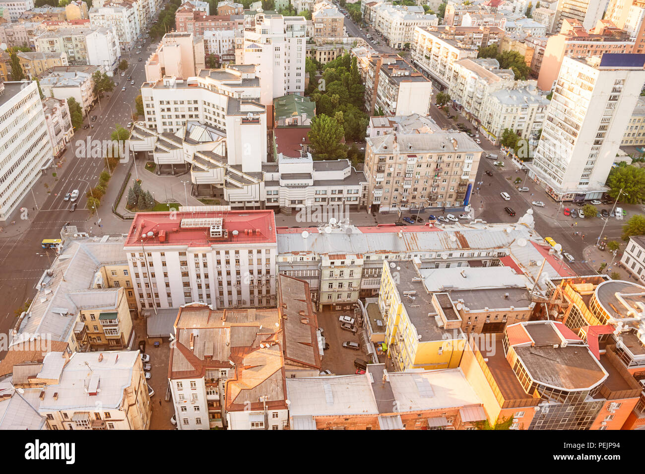 High view Kyiv streets and yard with its traditional urban post soviet ...