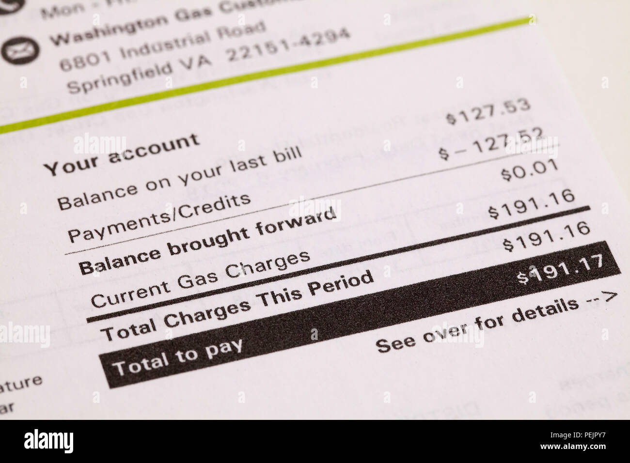 High Natural Gas Bill Monthly Statement USA Stock Photo Alamy