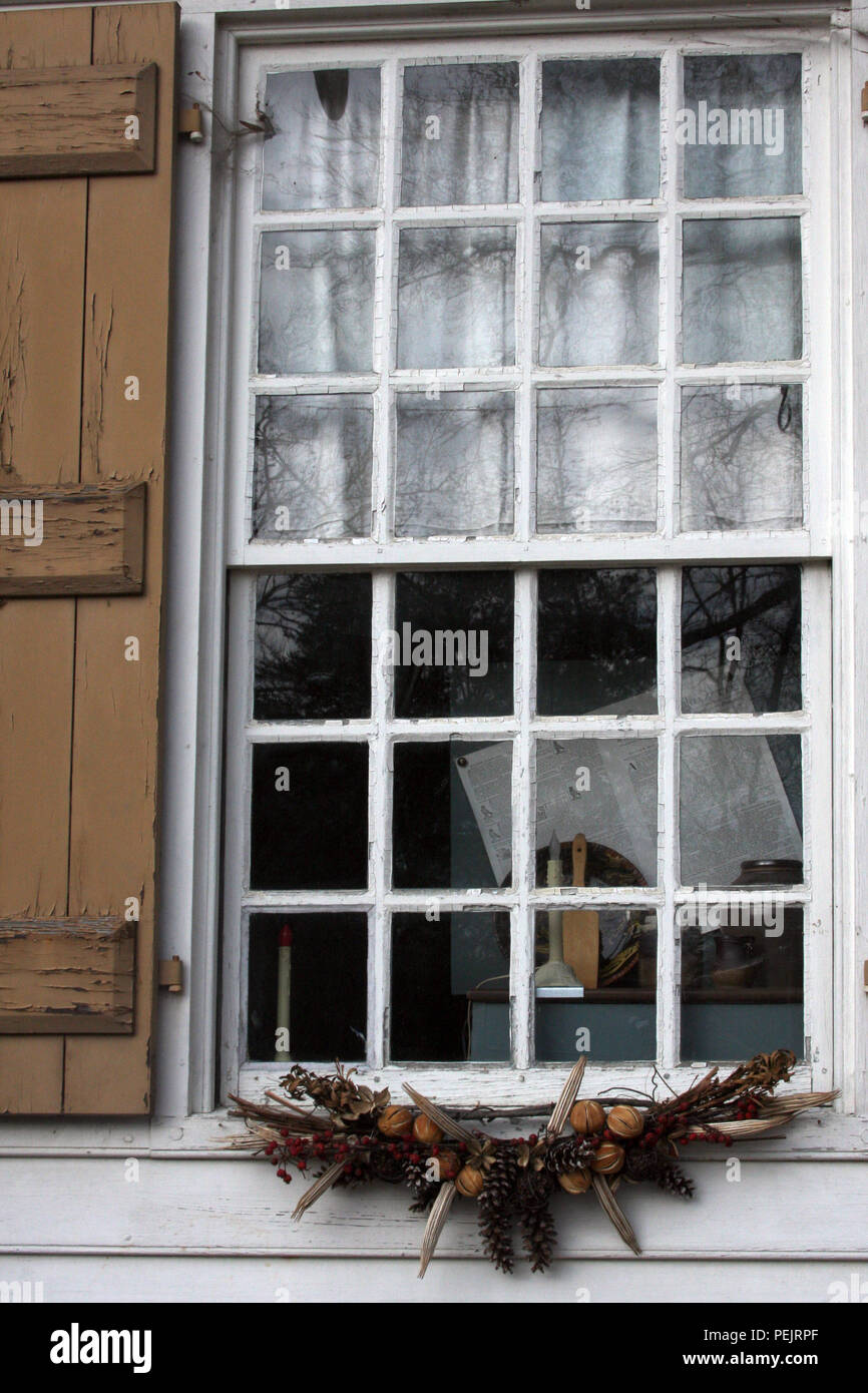 Old window with wooden shutter and Christmas ornament Stock Photo - Alamy