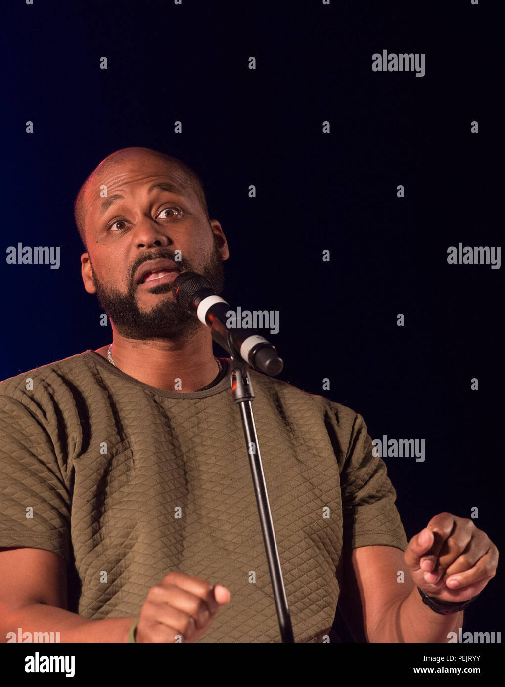 Comedian Sydney Castillo performs in a USO show for military members ...