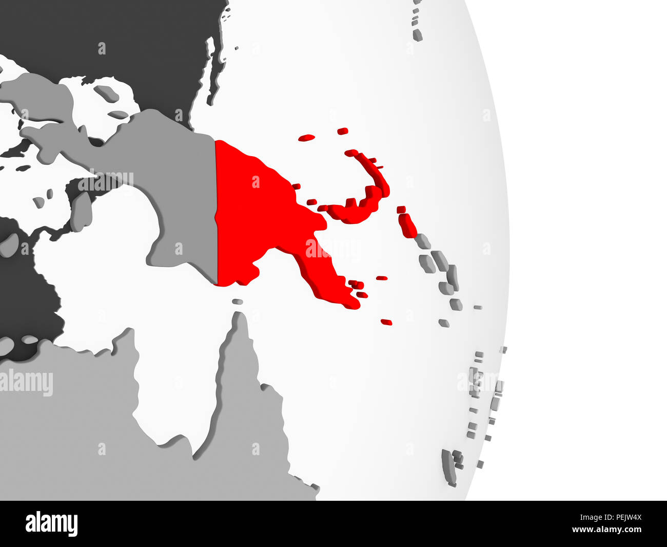 Papua New Guinea highlighted in red on grey political globe with ...