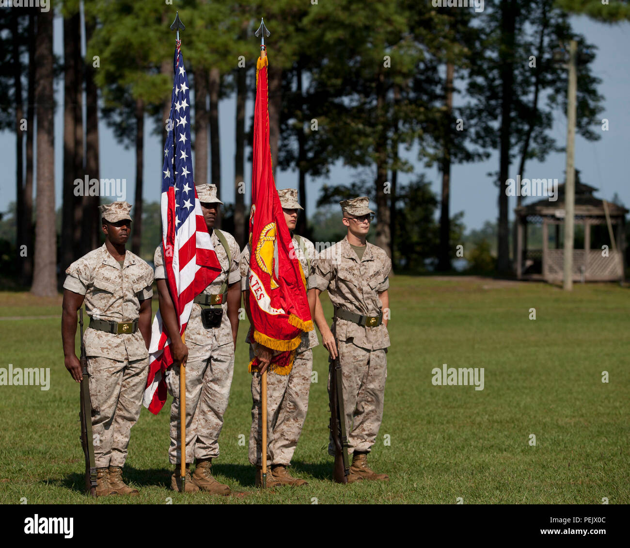 Marine Corps Combat Service Support Schools (MCCSSS) color guard stand ...