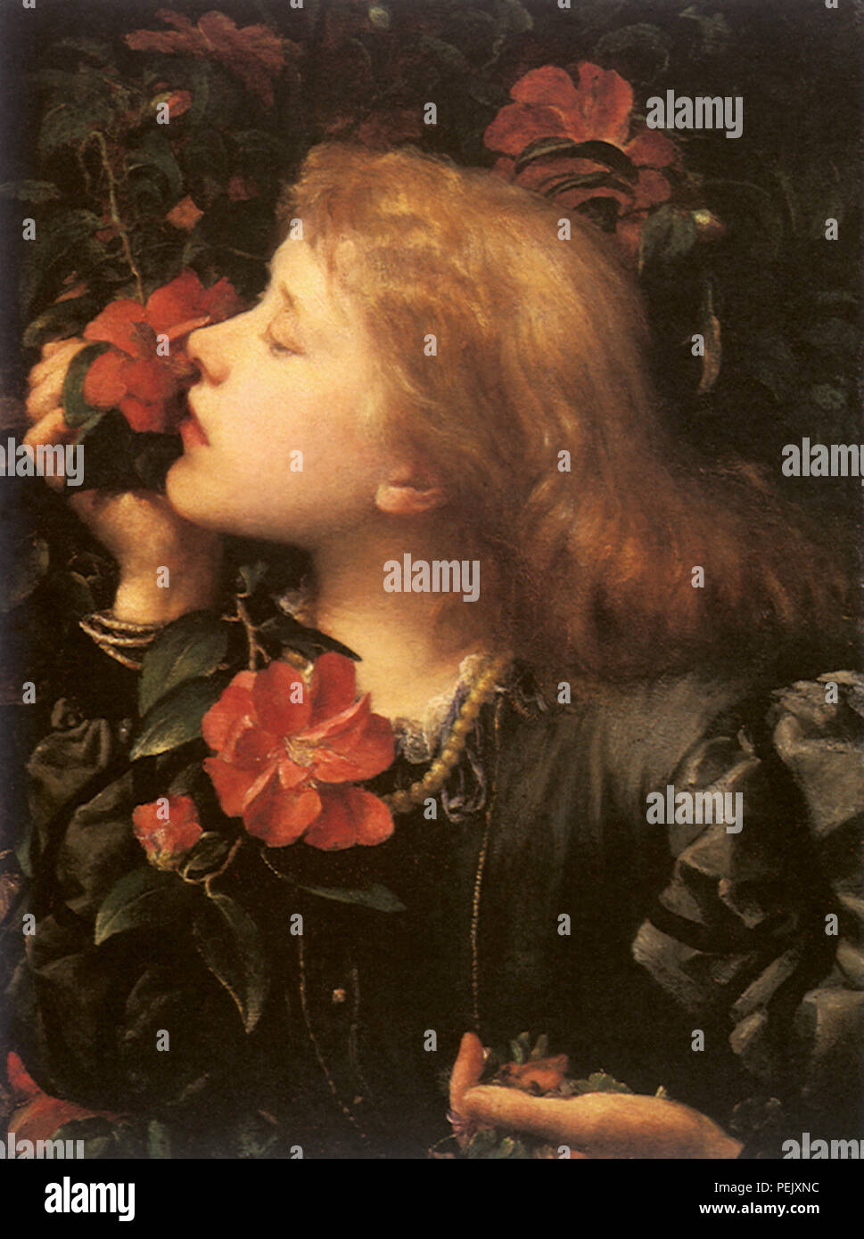 Girl Smelling Camellia, Watts, George Frederic Stock Photo - Alamy