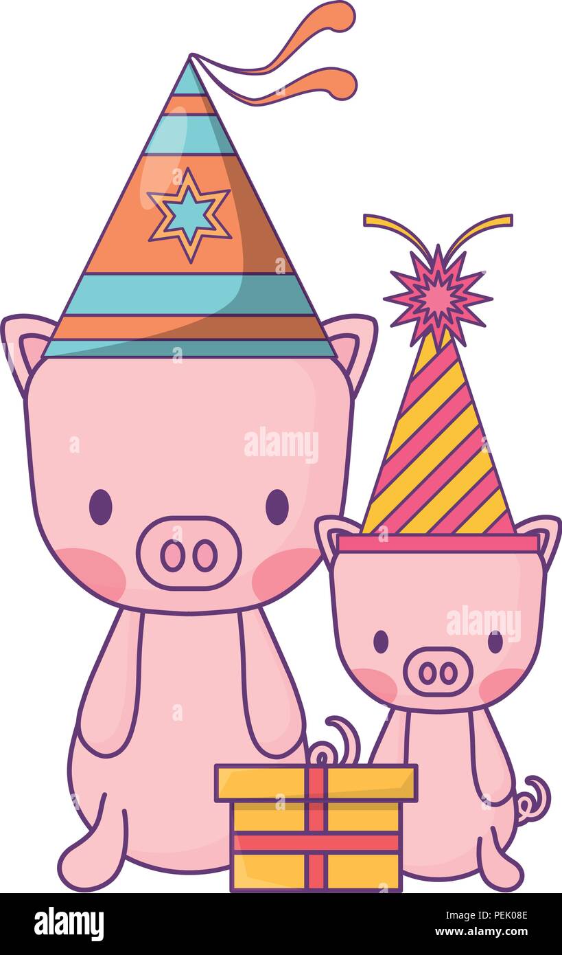 happy birthday design with cute pigs with party hats over white ...