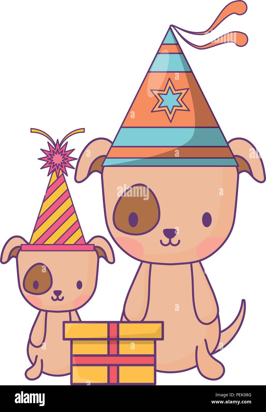 happy birthday design with cute dogs with party hats over white ...