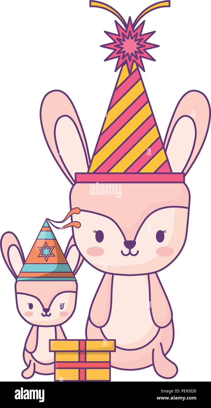 happy birthday design with cute rabbits with party hats over white ...