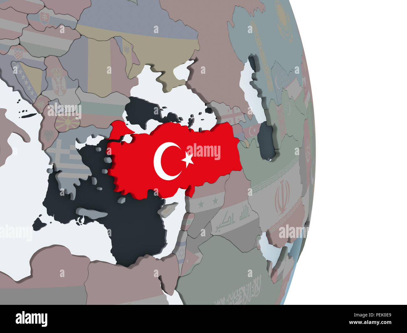 Turkey on political globe with embedded flag. 3D illustration Stock ...