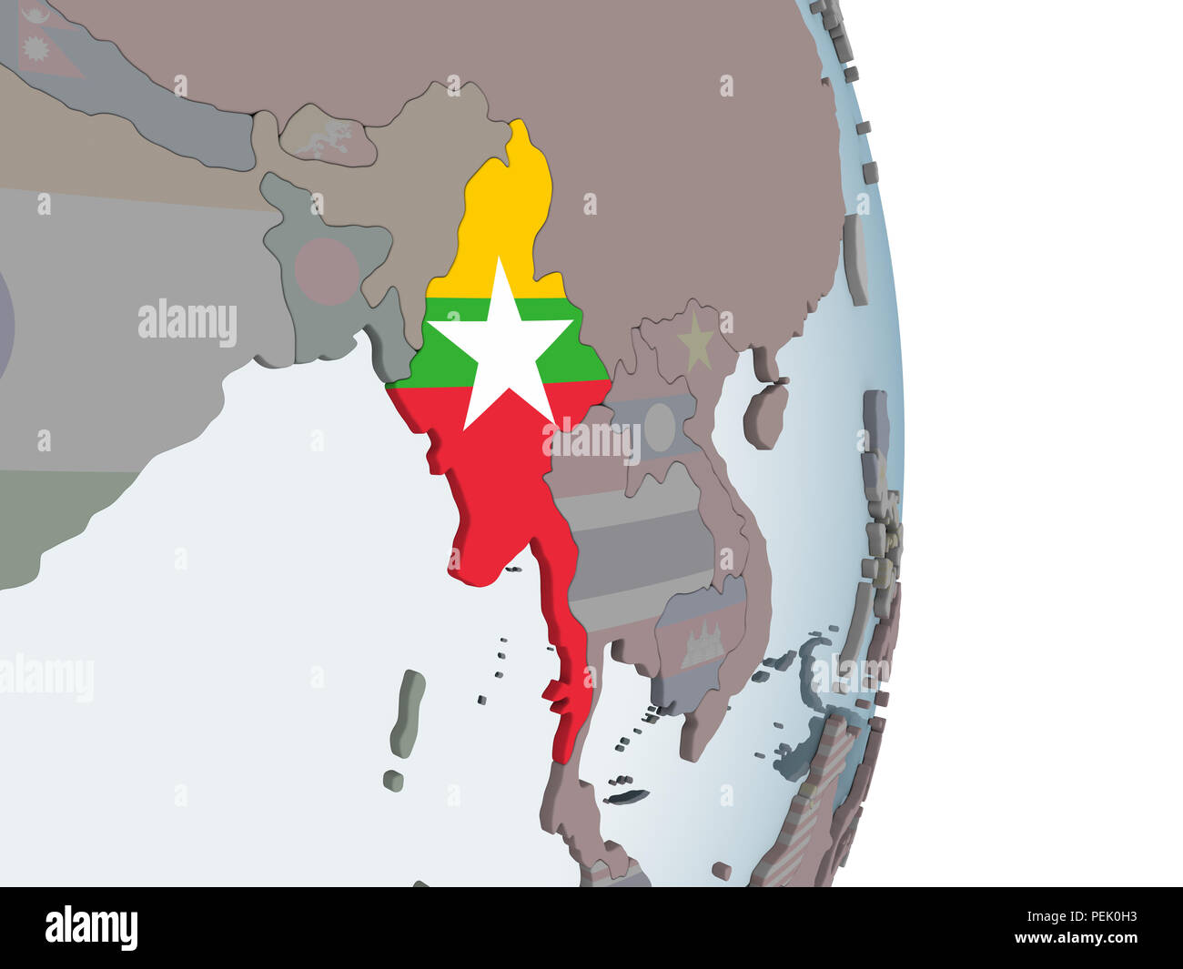 Myanmar on political globe with embedded flag. 3D illustration Stock ...