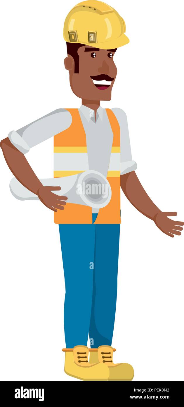 cartoon construction man holding a plans over white background, vector ...