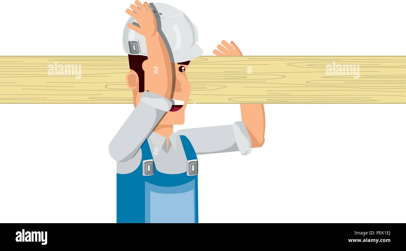cartoon construction worker holding a wood board over white background ...