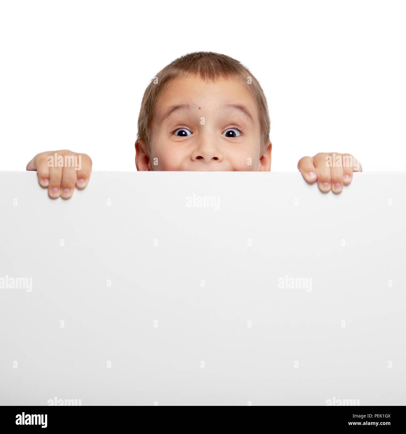 Banner with a surprised child peeking at the edge. Photo on a white ...