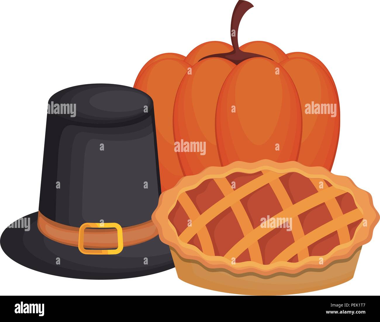 pilgrim hat with pumpkin and pie over white background, vector ...
