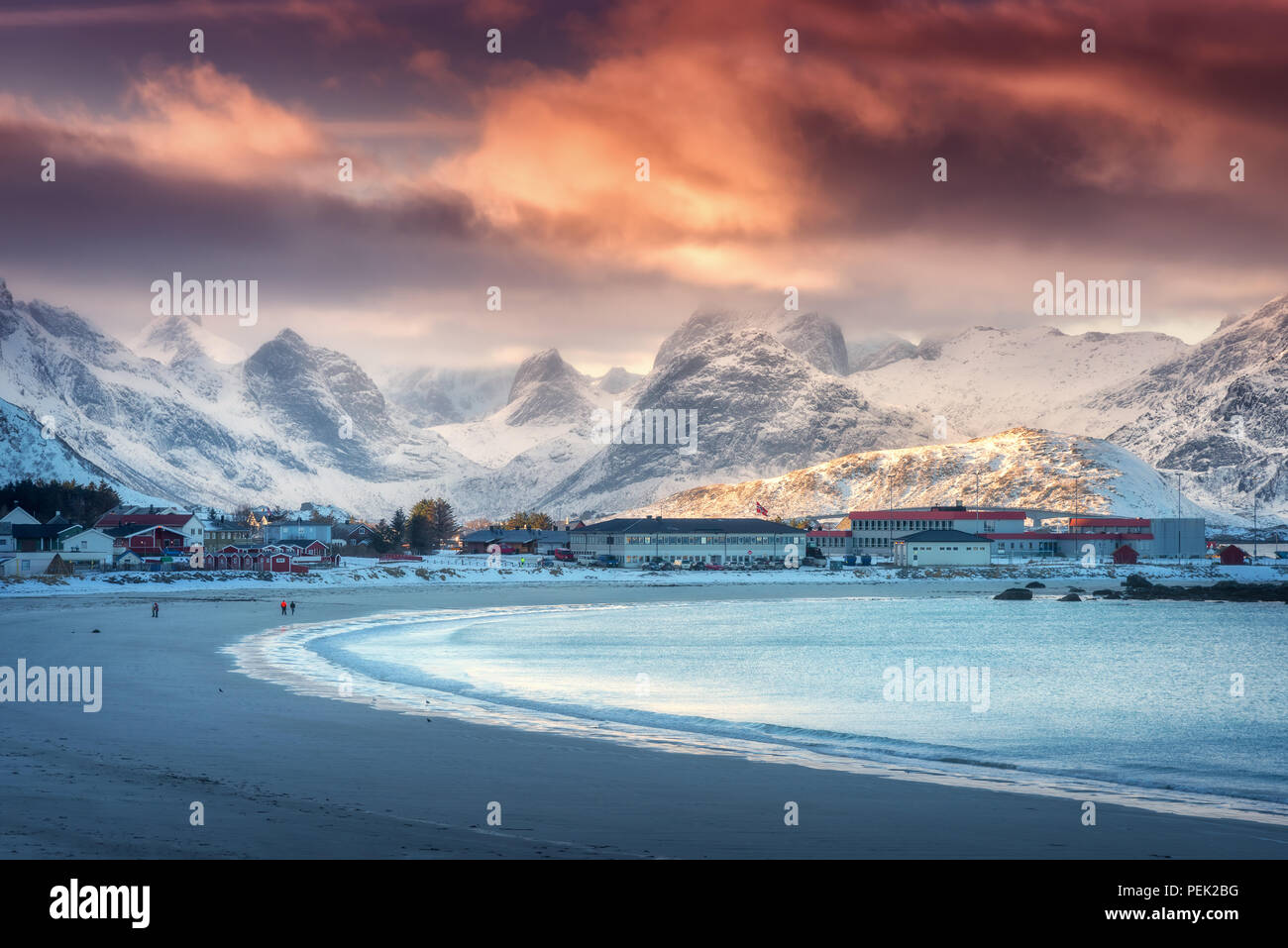 Beautiful arctic sandy beach with blue sea in winter at sunset in ...