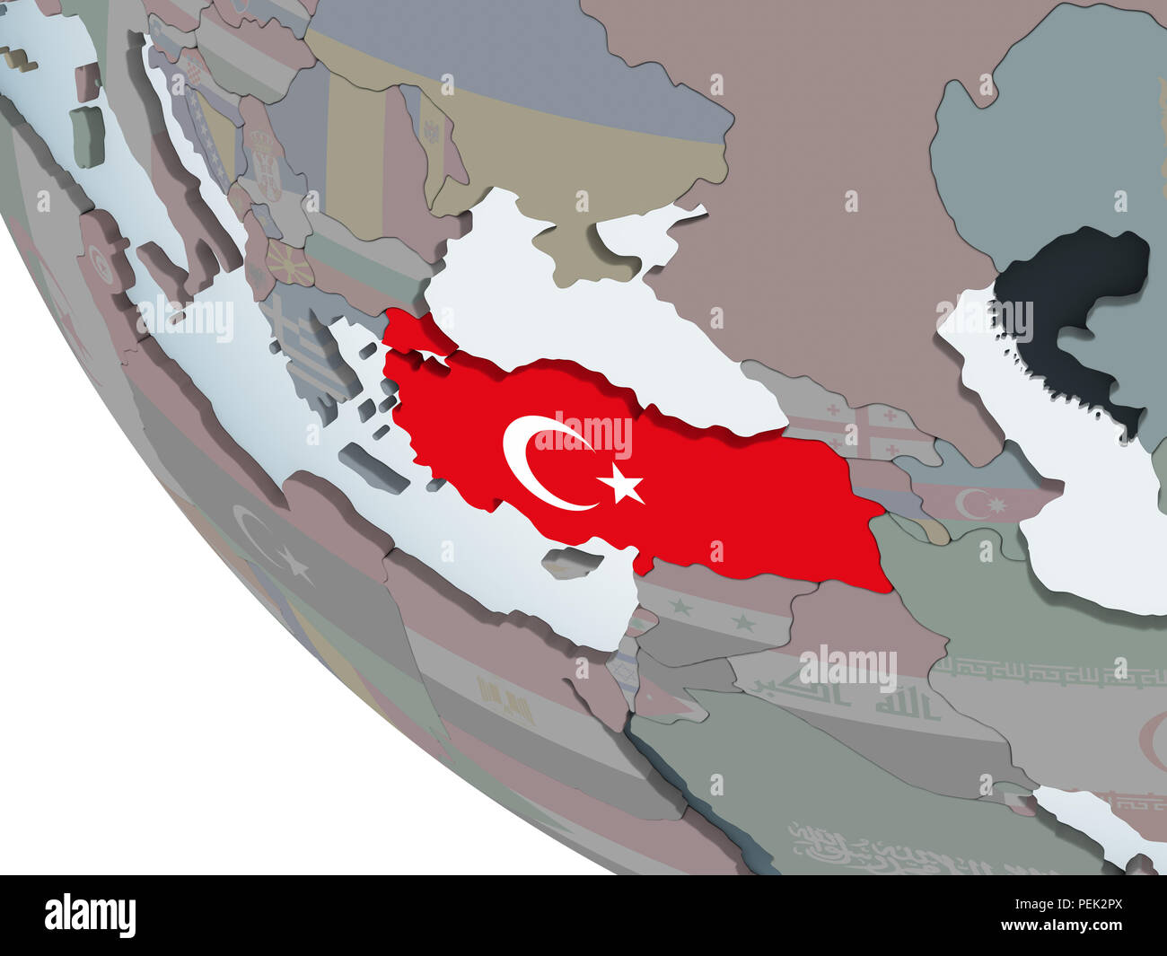 Turkey on political globe with embedded flag. 3D illustration Stock ...