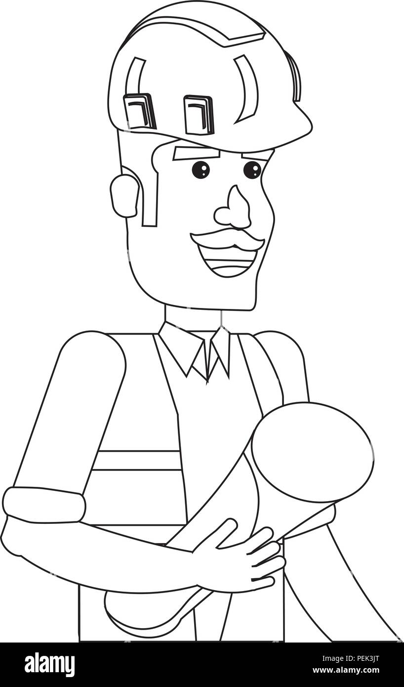 cartoon construction man holding a plans over white background, vector ...