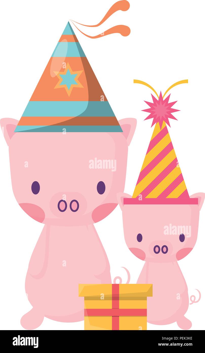 happy birthday design with cute pigs with party hats over white ...