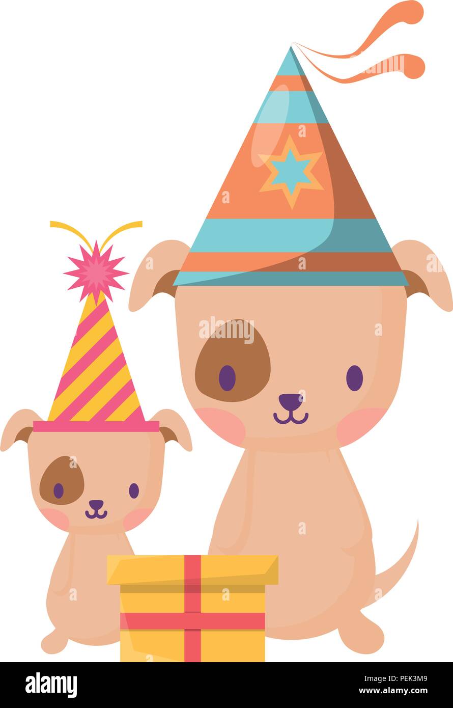 happy birthday design with cute dogs with party hats over white ...