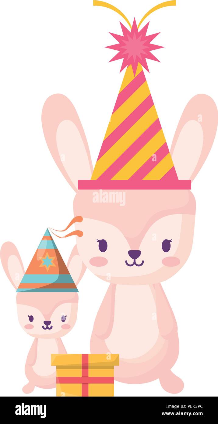 happy birthday design with cute rabbits with party hats over white ...