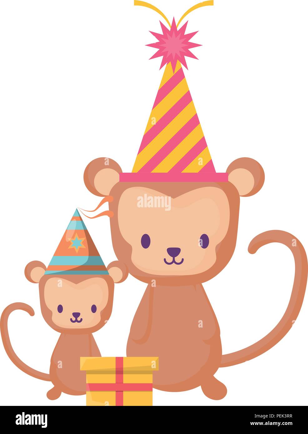 happy birthday design with cute monkeys with party hats over white ...