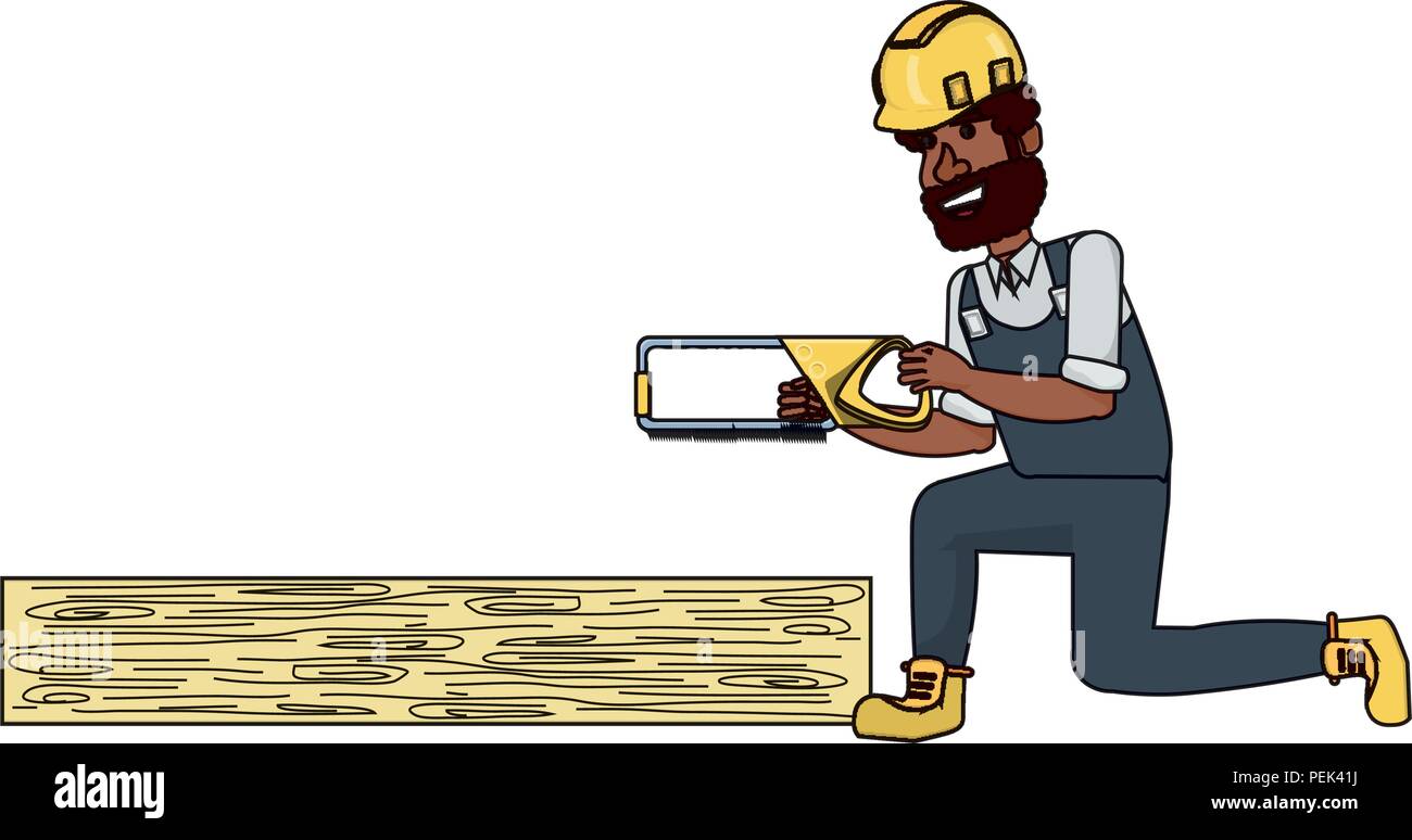 construction man with hand saw and wood board over white background ...