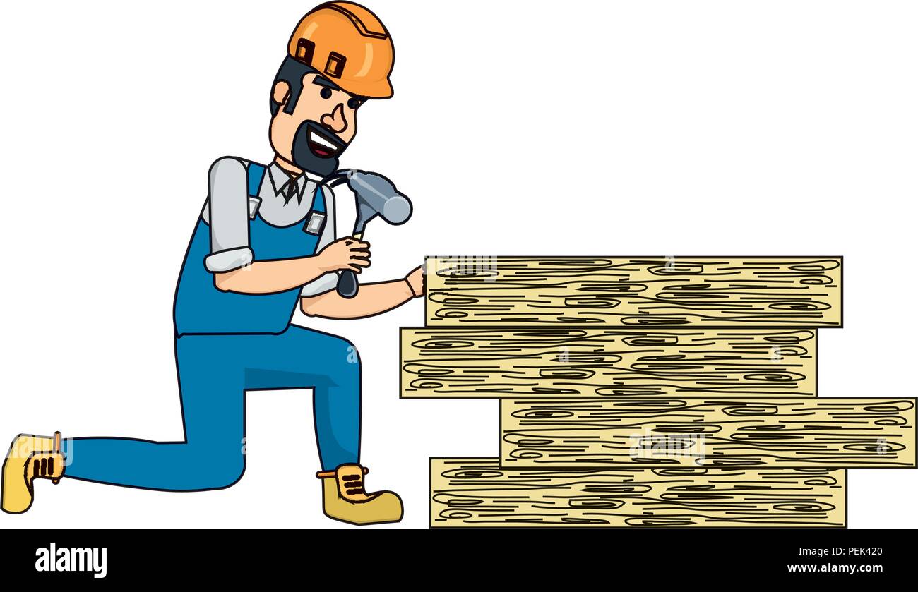 cartoon construction worker with saw and wood boards over white ...