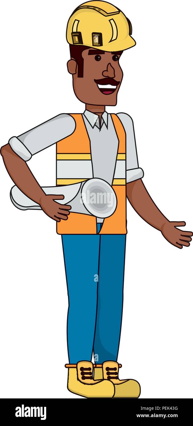 cartoon construction man holding a plans over white background, vector ...