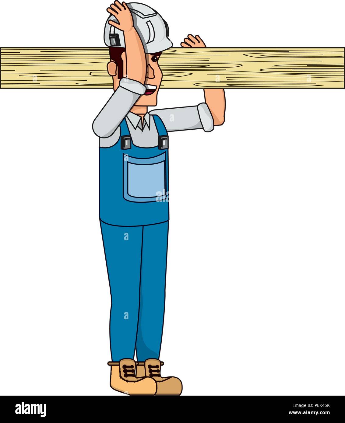 cartoon construction worker holding a wood board over white background ...