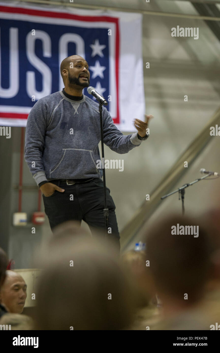 Comedian Sydney Castillo performs an act for service members at Bagram ...