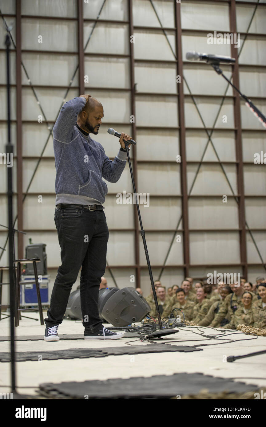 Comedian Sydney Castillo performs an act for service members at Bagram ...