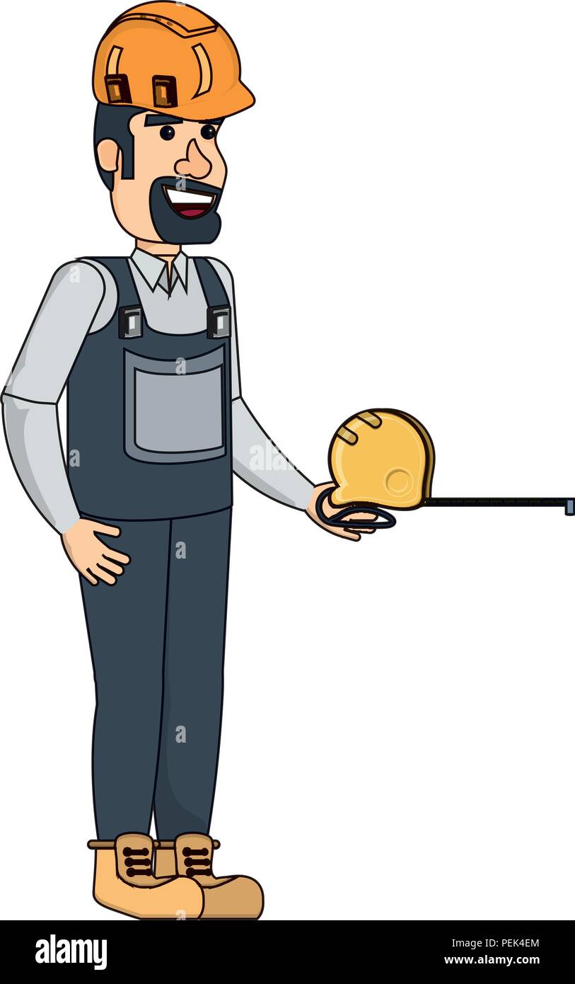construction man holding a measuring tape over white background, vector ...