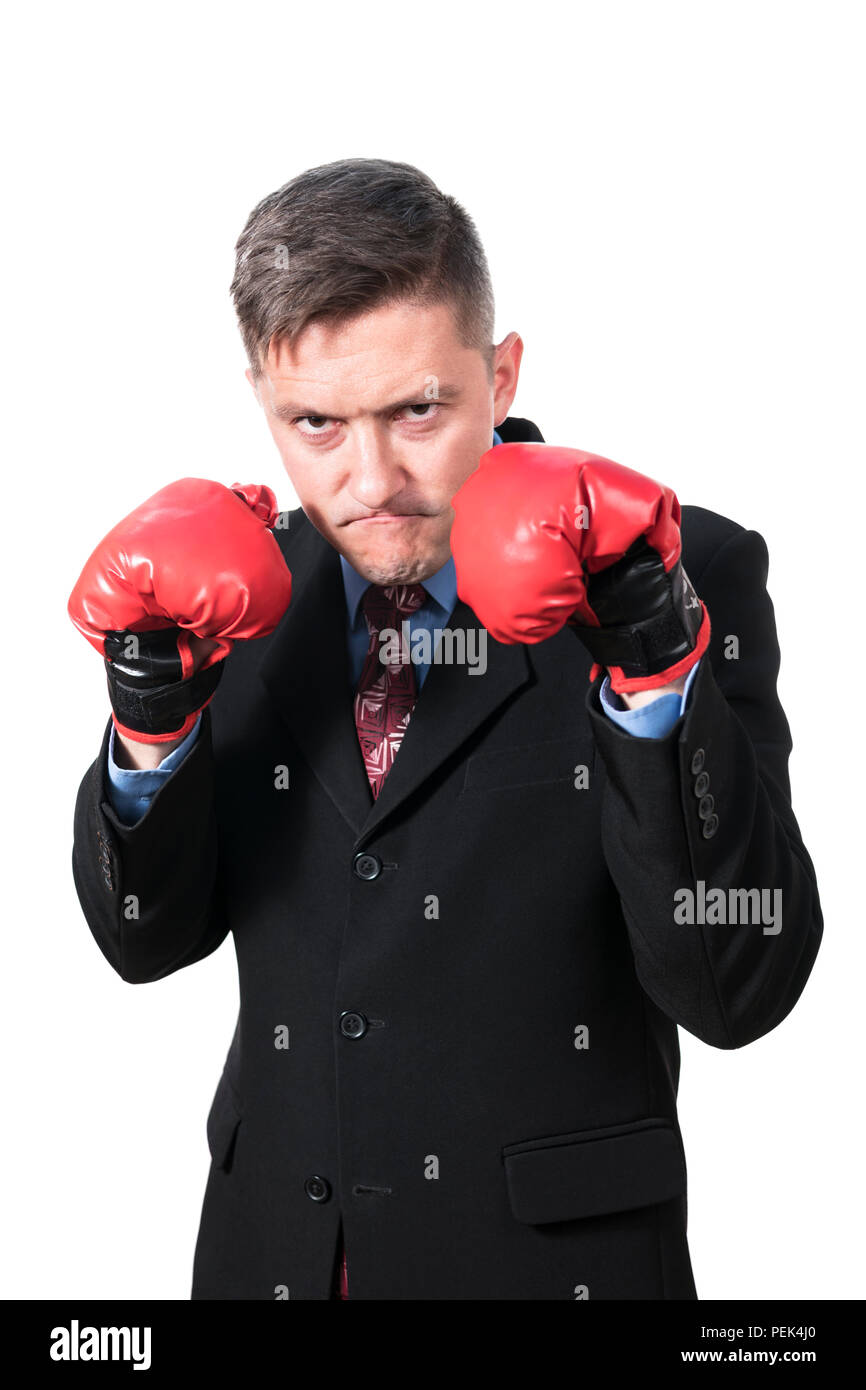 Portrait of an angry businessman in boxing red gloves, isolated on ...