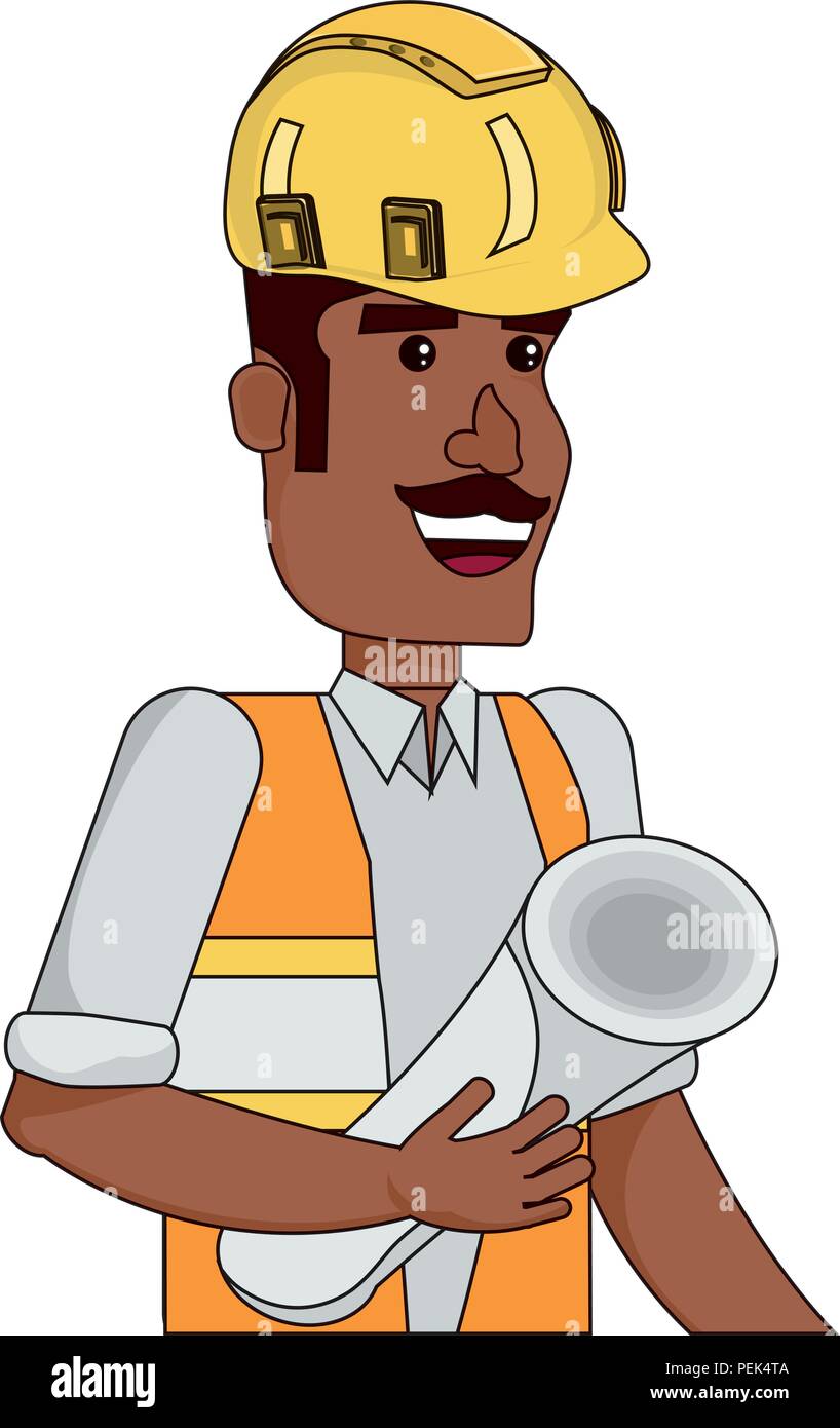 cartoon construction man holding a plans over white background, vector ...