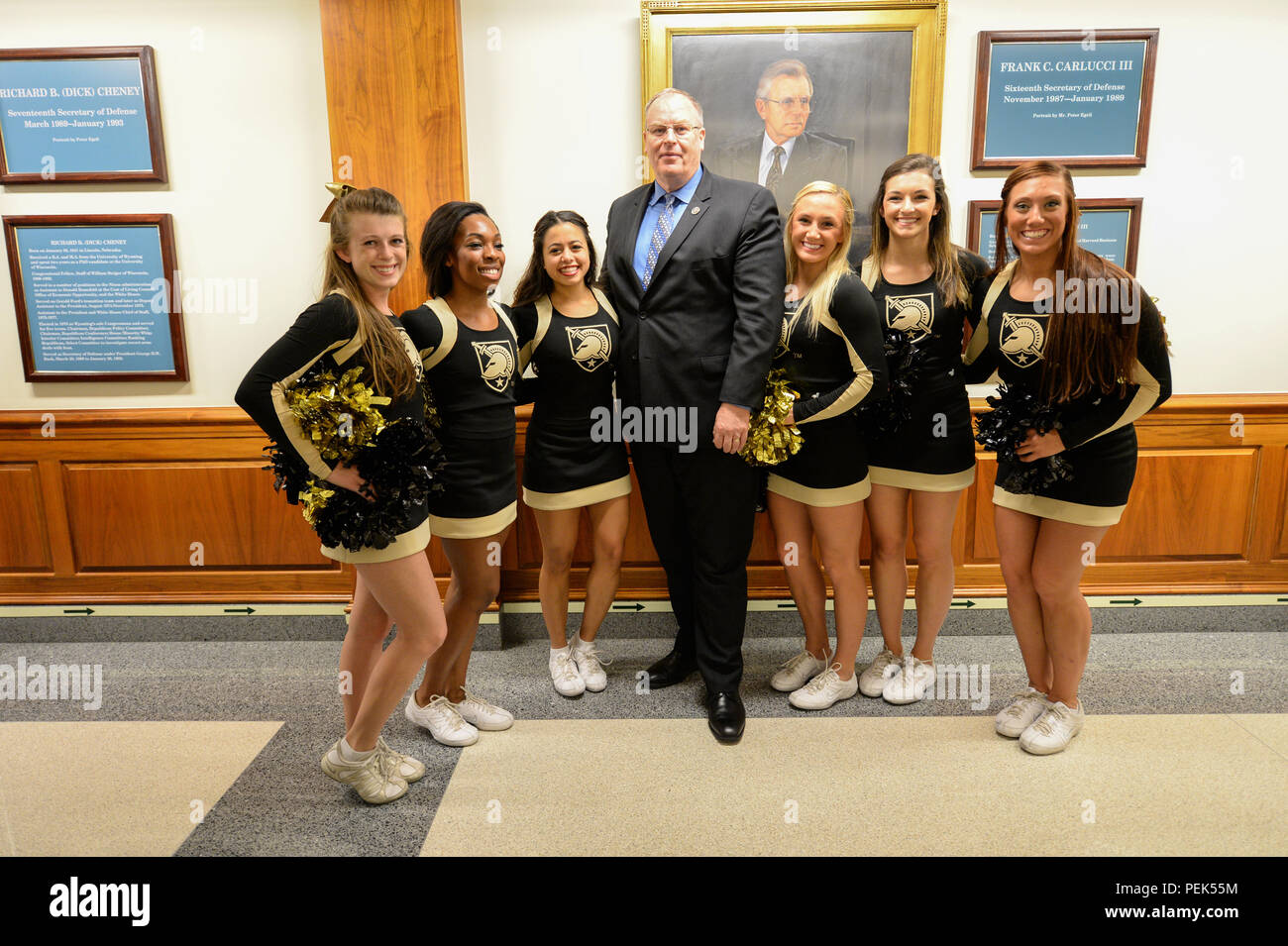 Deputy Secretary of Defense Bob Work takes a photo with the Army pep ...