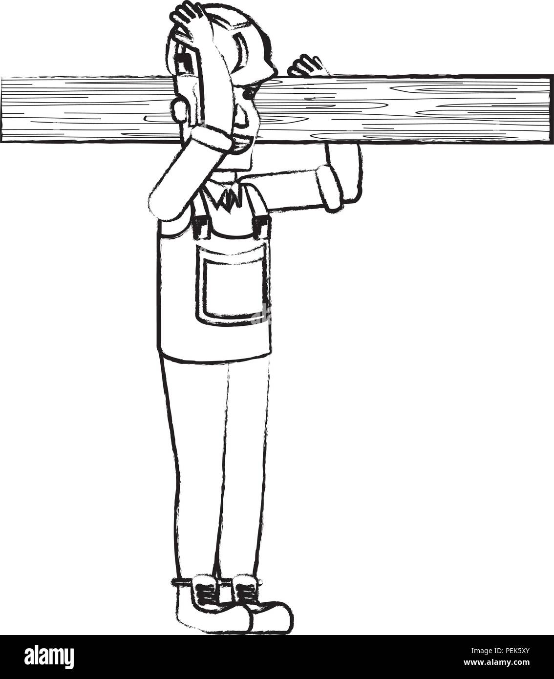 cartoon construction worker holding a wood board over white background ...