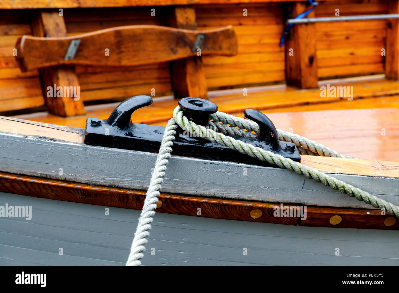All fast with mooring lines to the quay. Fishing boat in the port of ...