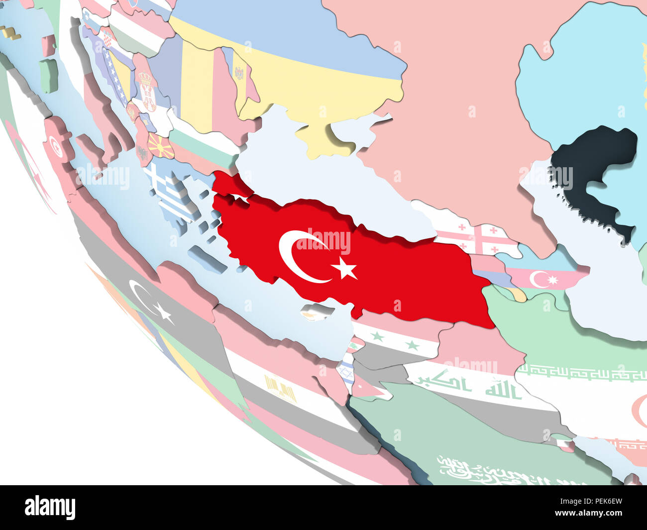 Turkey on bright political globe with embedded flag. 3D illustration ...
