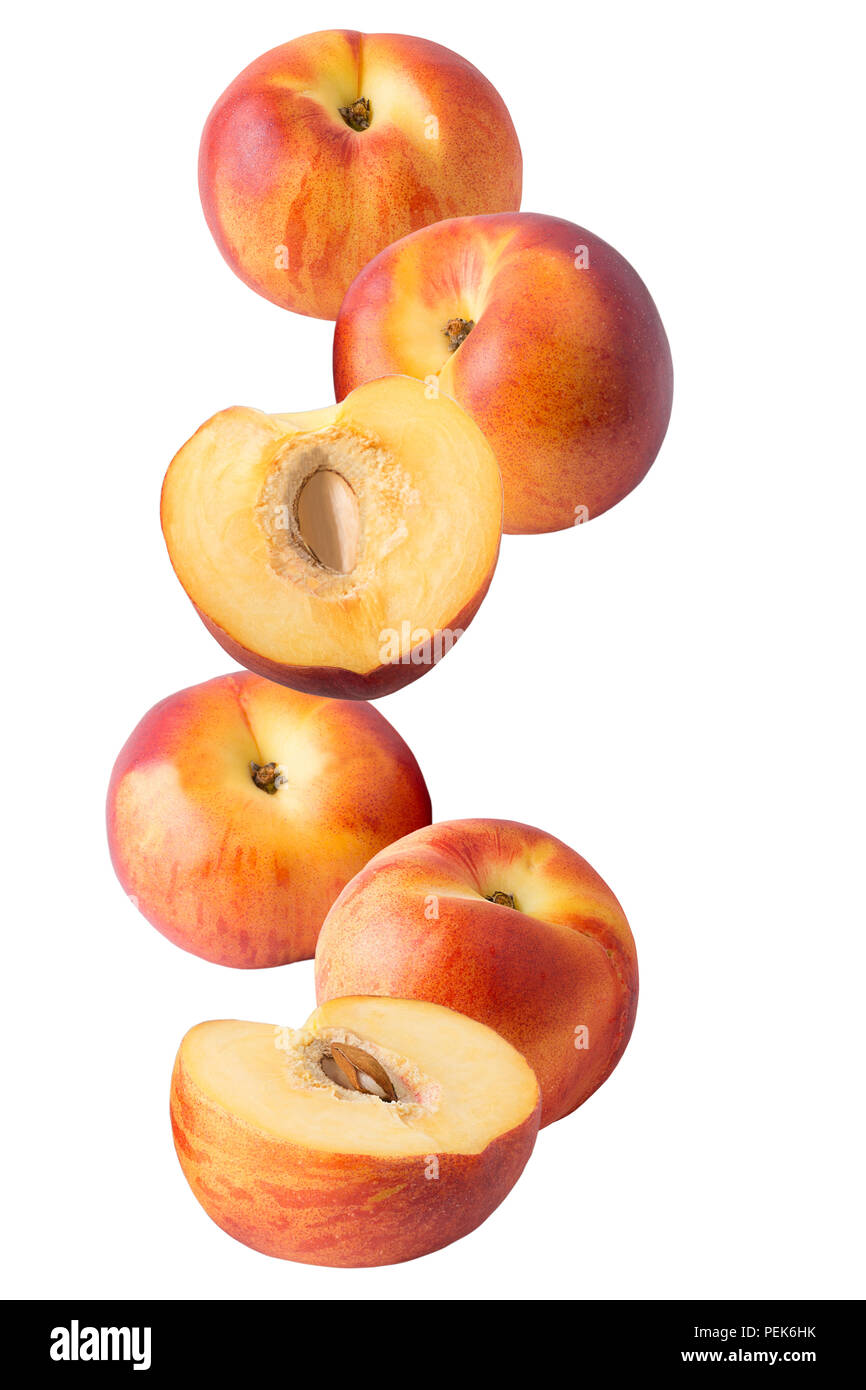 Flying fruits. Falling peach isolated on white background with clipping ...