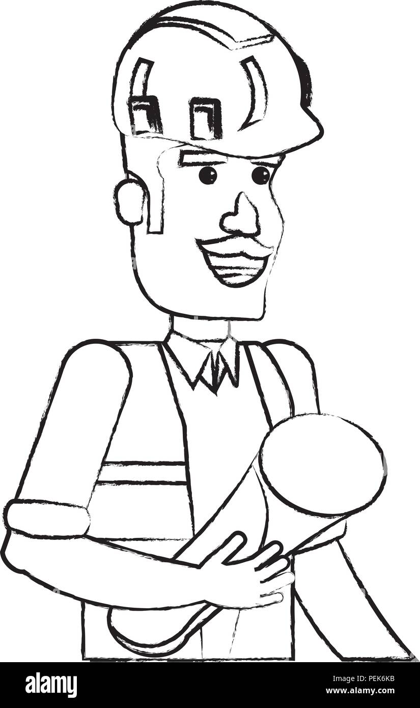 cartoon construction man holding a plans over white background, vector ...