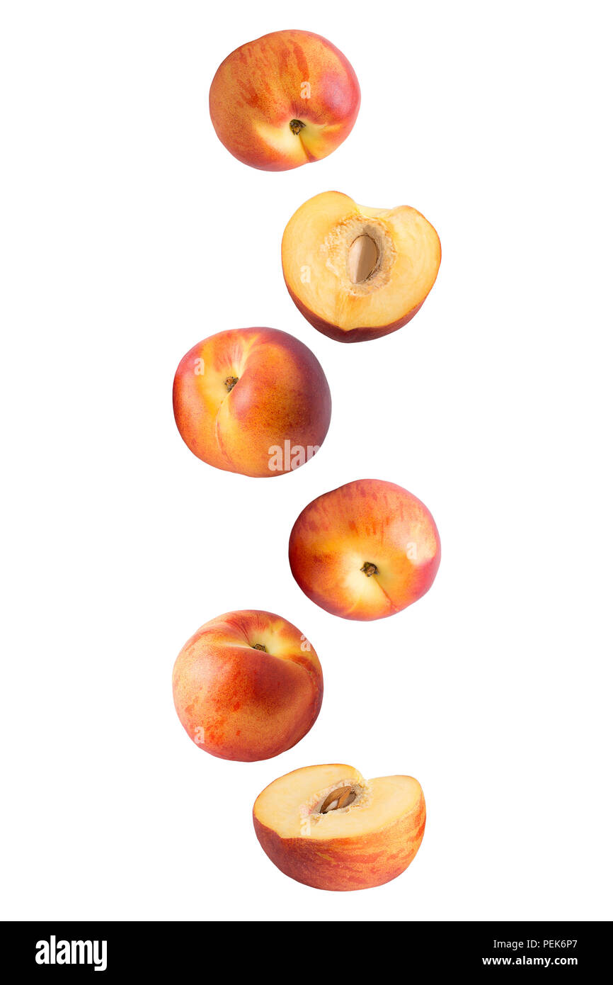 Flying fruits. Falling peach isolated on white background with clipping ...