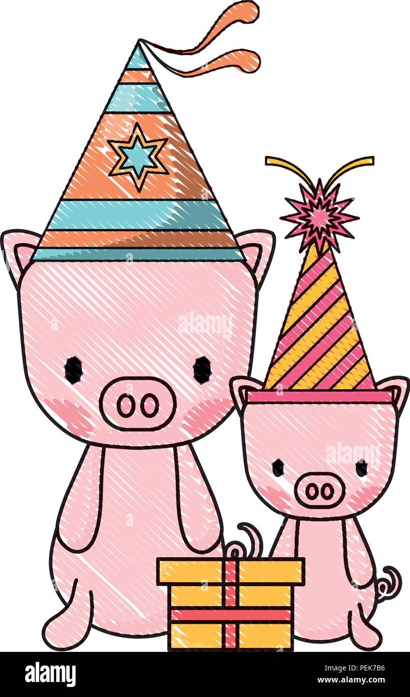 happy birthday design with cute pigs with party hats over white ...