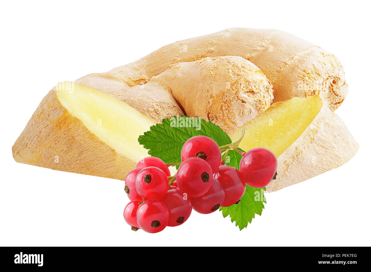 Isolated fruits. Red currant and ginger isolated on white background ...
