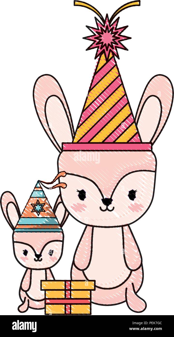 happy birthday design with cute rabbits with party hats over white ...