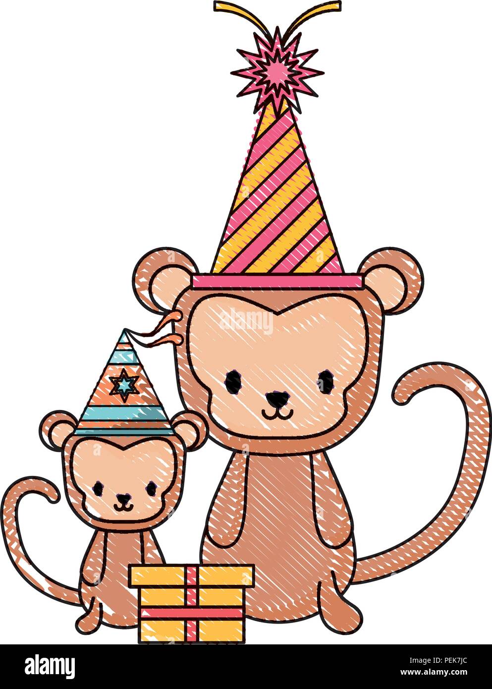 happy birthday design with cute monkeys with party hats over white ...