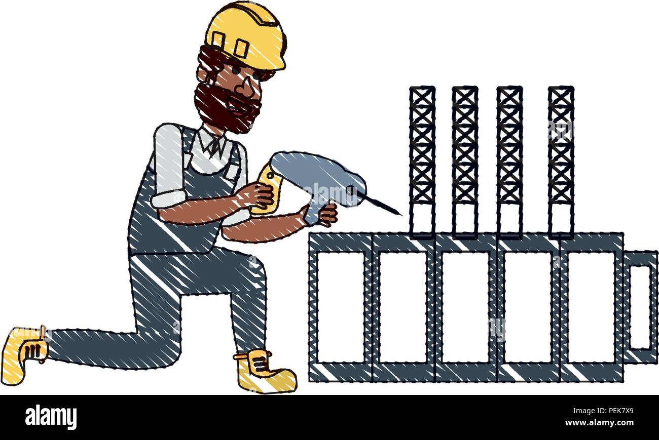 contruction man with drill and aluminium structure over white ...