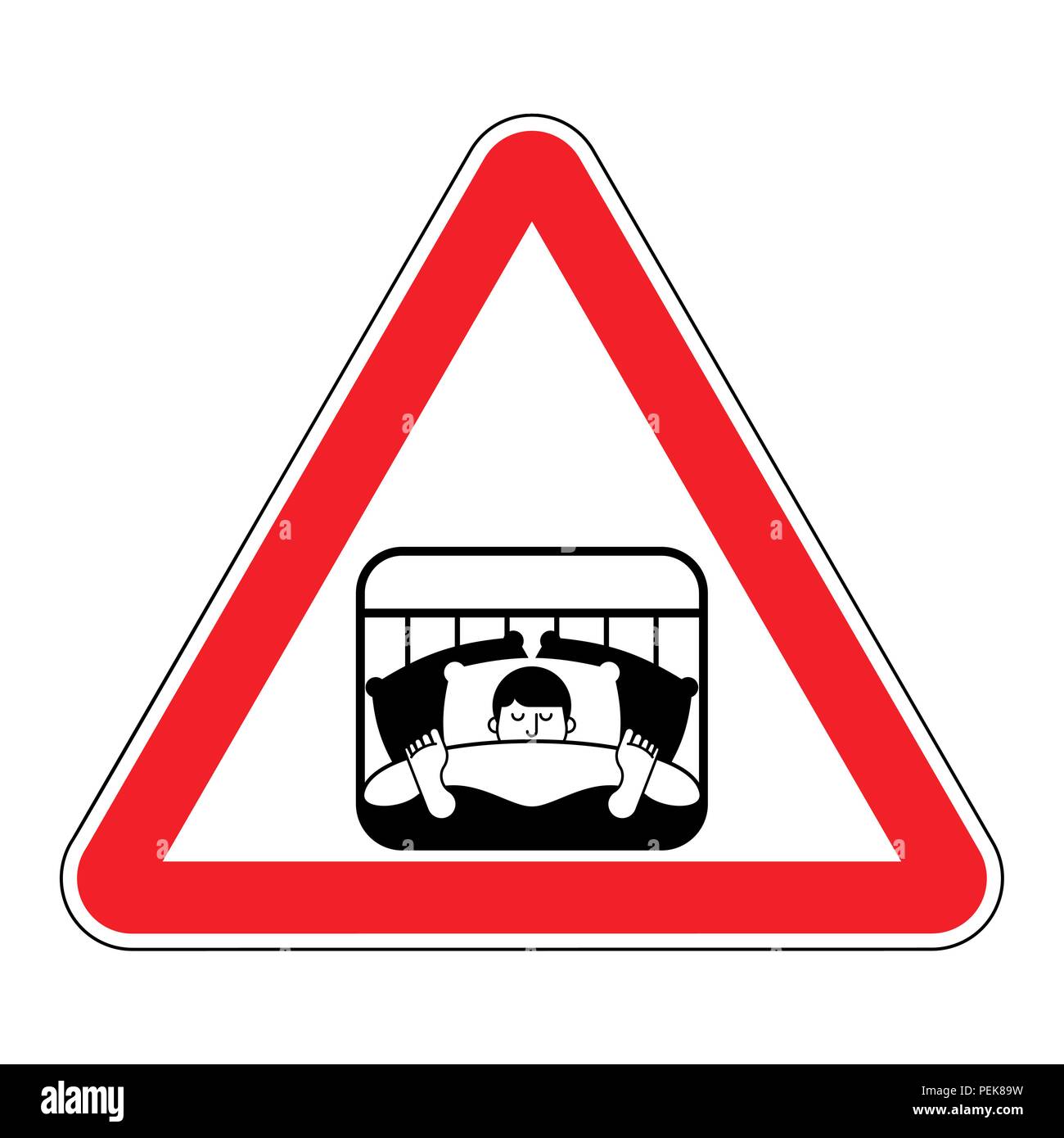 Attention Sleep. Red road sign danger. Caution guy sleeping on bed ...