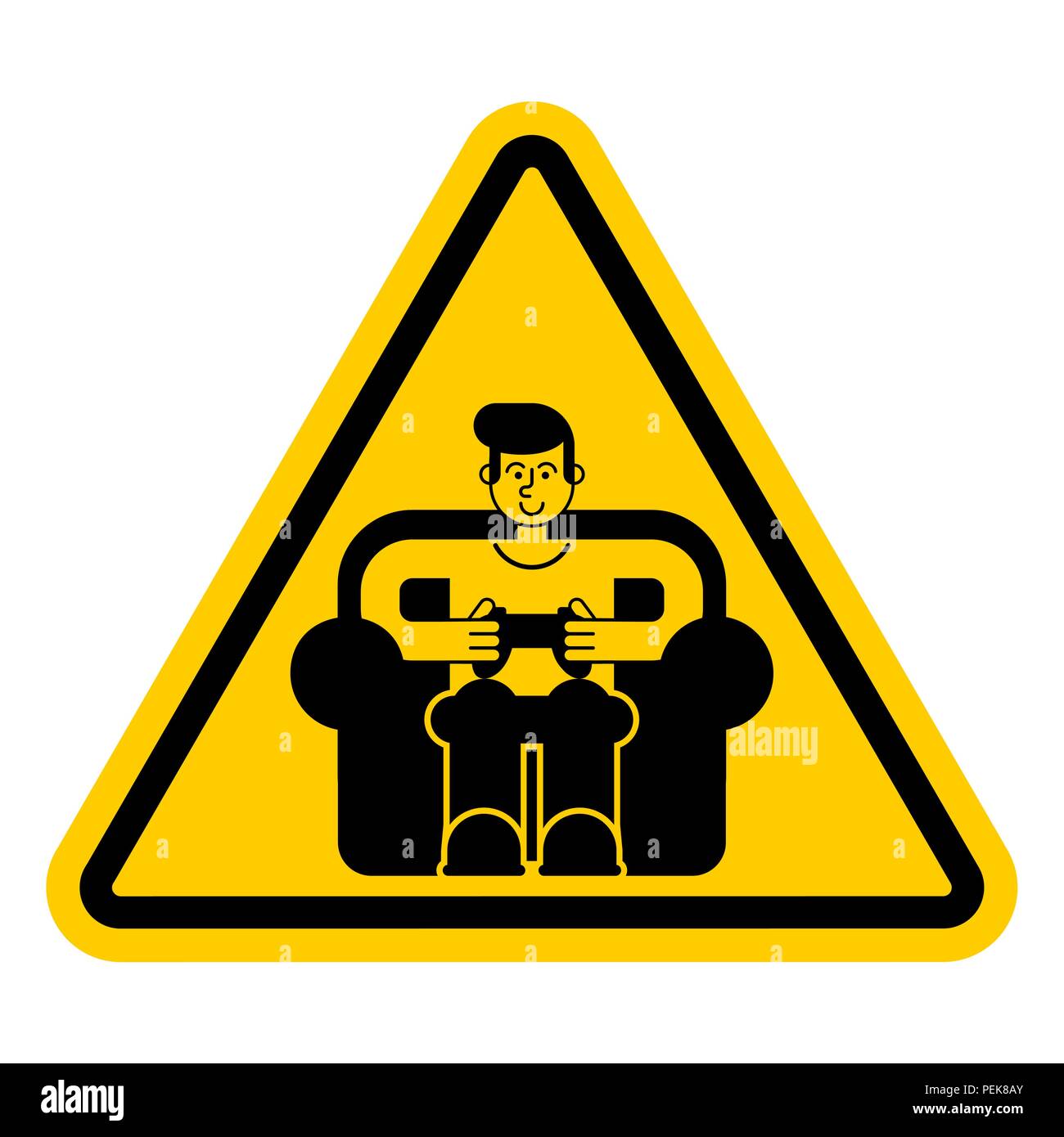 Attention gamer. Yellow road sign danger. Caution guy plays video game ...
